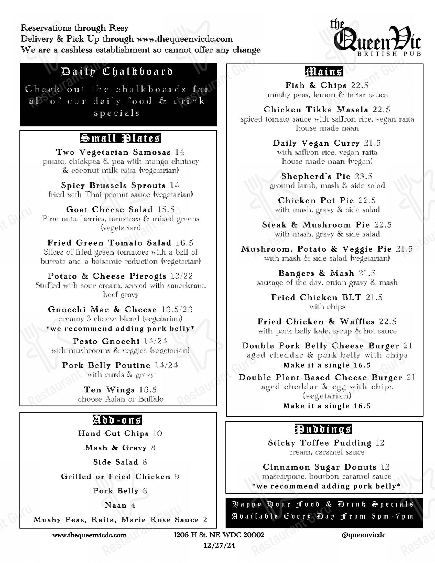 Menu at The Queen Vic pub & bar, Washington