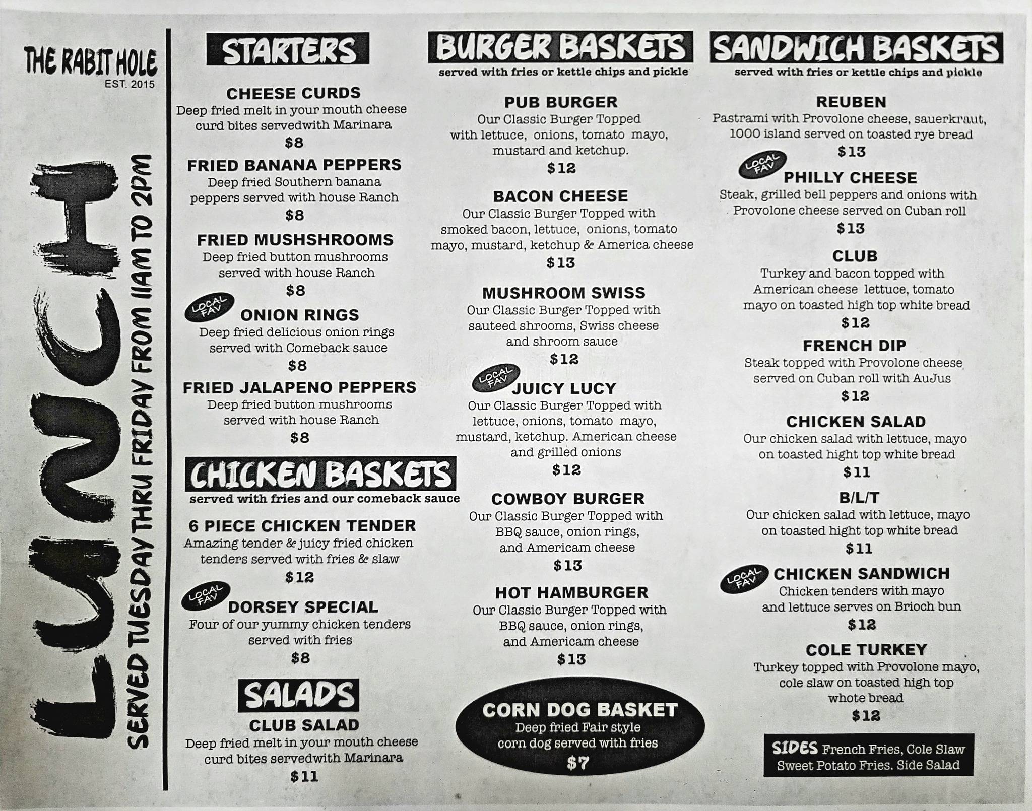 Menu at The Rabbit Hole pub & bar, Elba