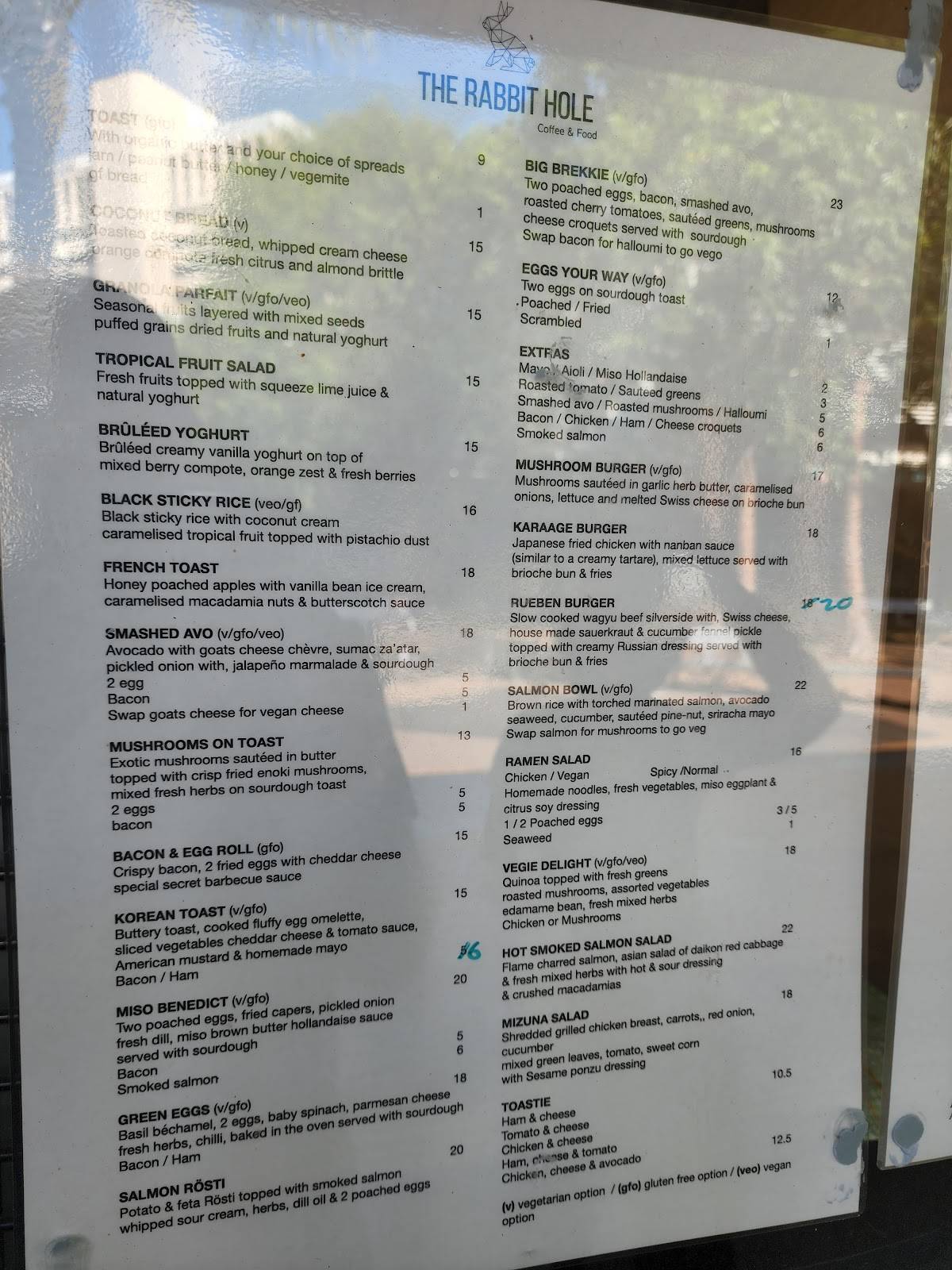 Menu at The Rabbithole cafe, Darwin City