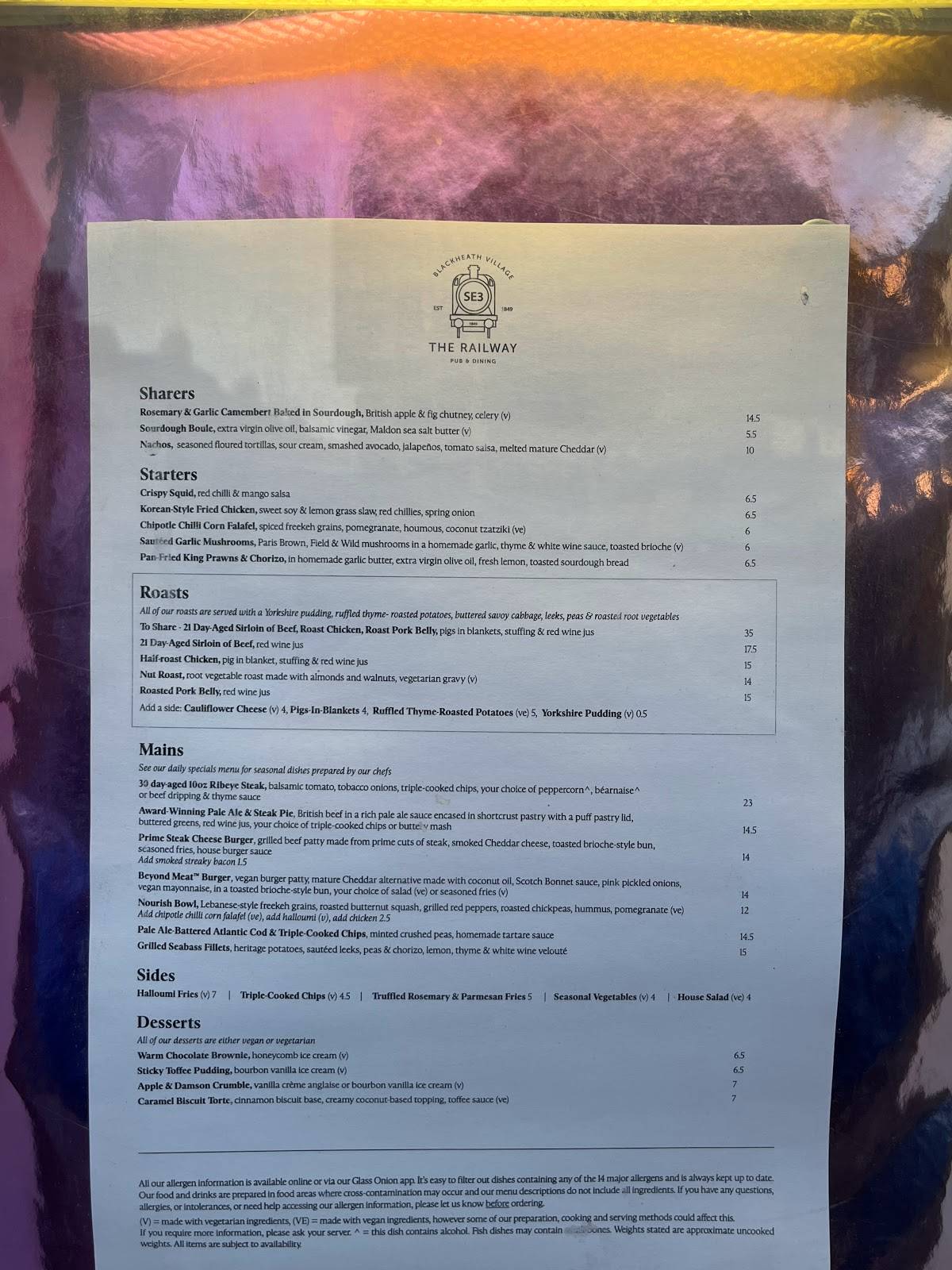 Menu at The Railway pub & bar, London, 16 Blackheath Village