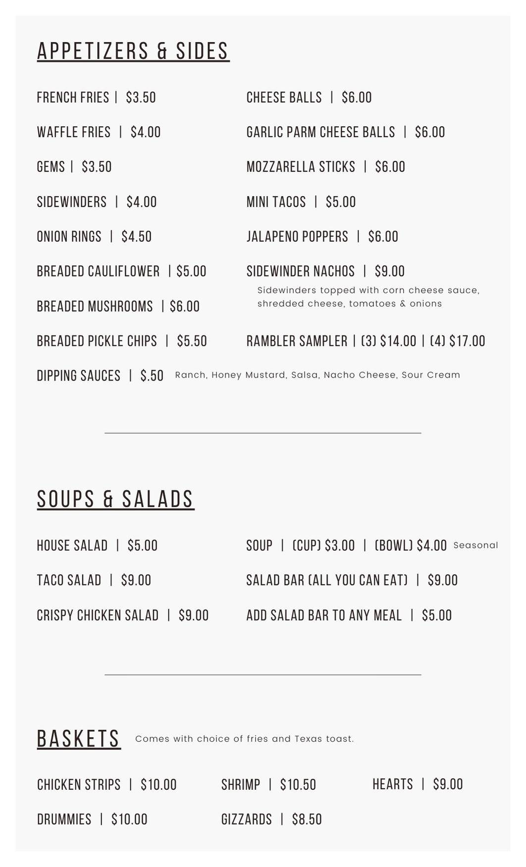 Menu at The Rambler Bar & Grill, Creston