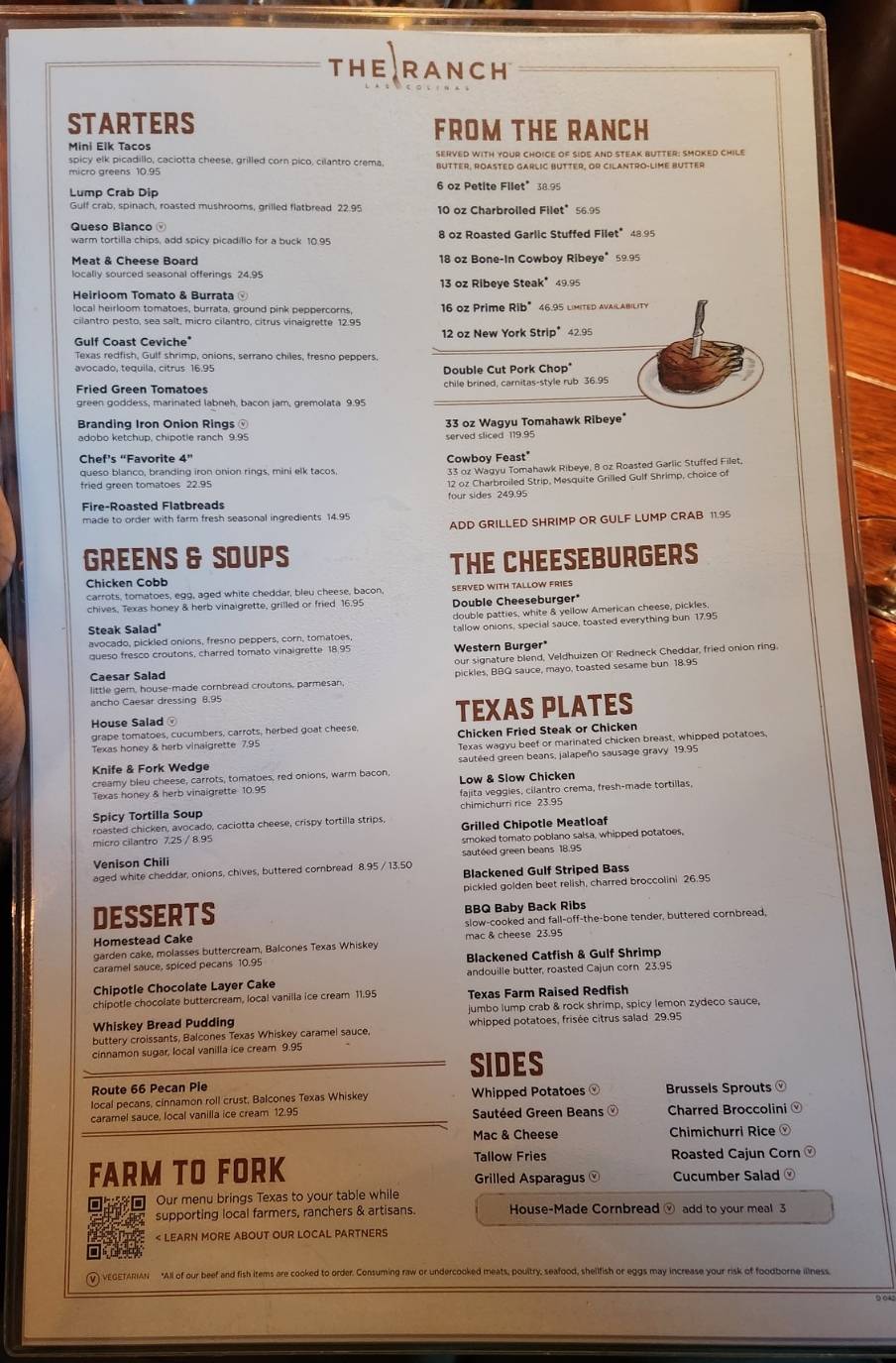Menu at The Ranch at Las Colinas steakhouse, Irving