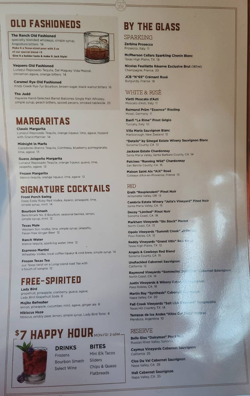 Menu at The Ranch at Las Colinas steakhouse, Irving