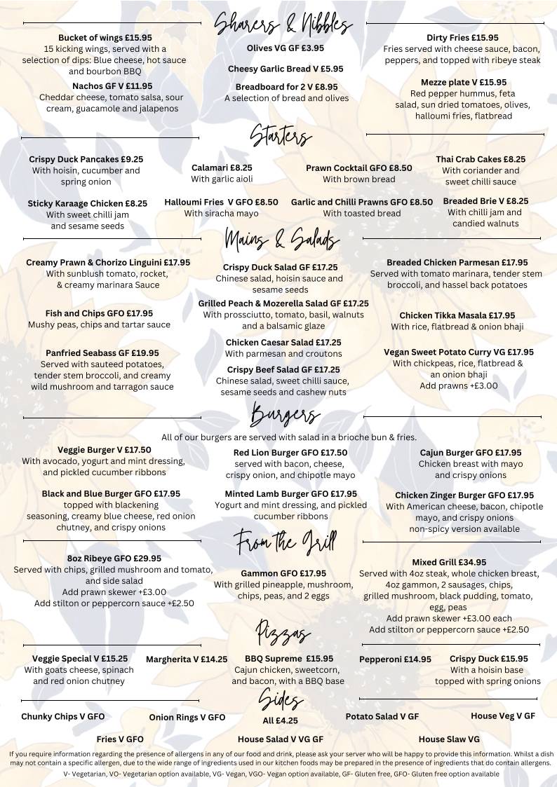 Menu at The Red Lion pub & bar, Claverdon, Station Rd