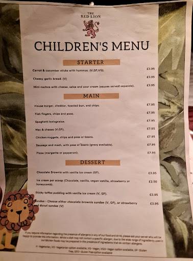 Menu at The Red Lion pub & bar, Claverdon, Station Rd