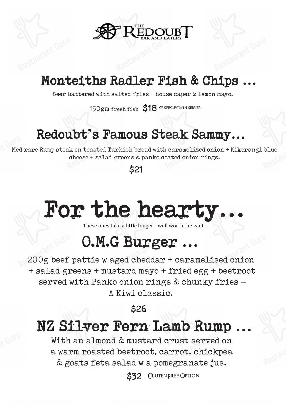 Menu at Redoubt Bar & Eatery, Matamata