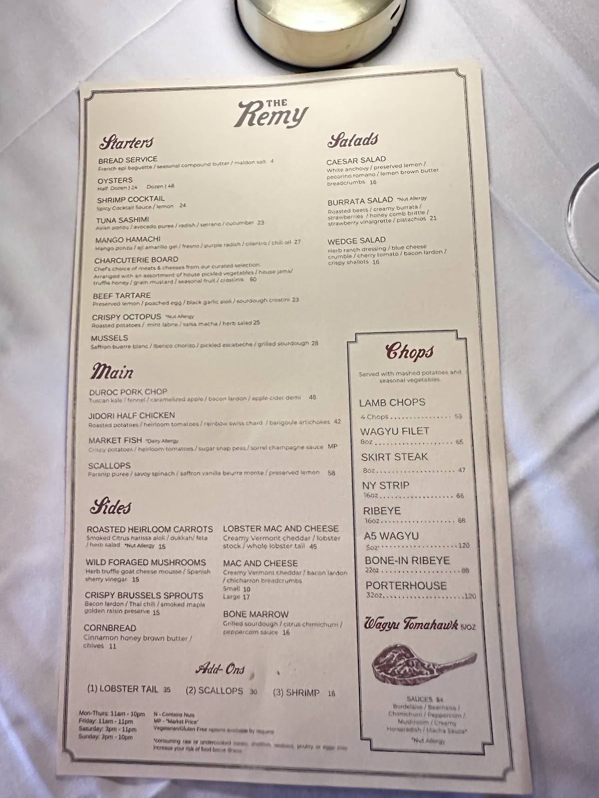 Menu at The Remy steakhouse, San Diego, Hotel Circle Place