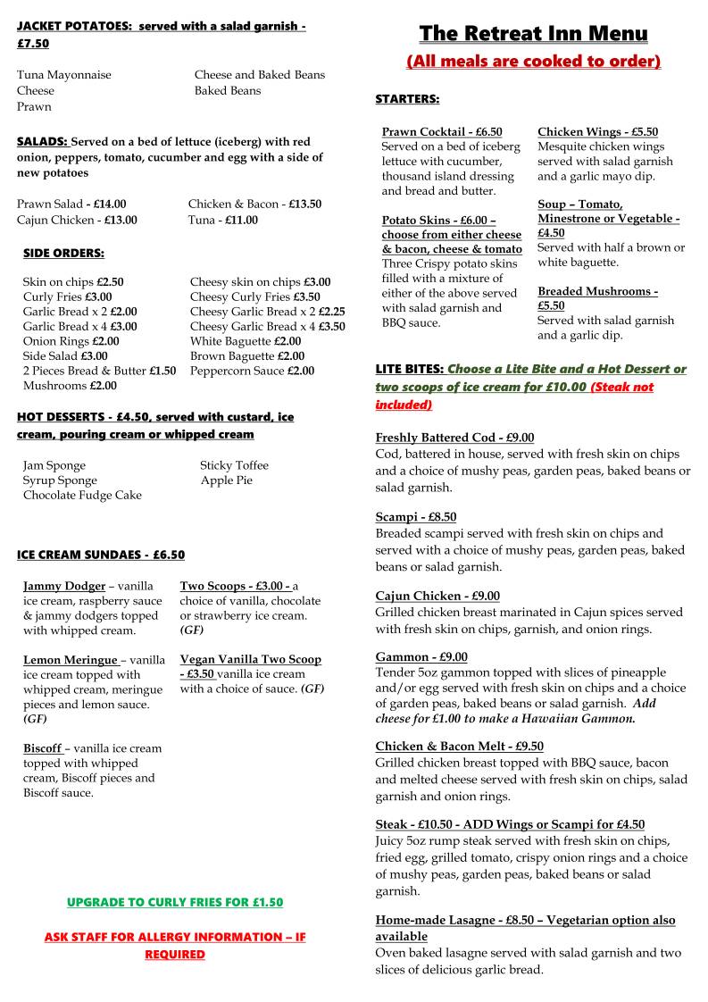 Menu at The Retreat Inn pub & bar, Worcester