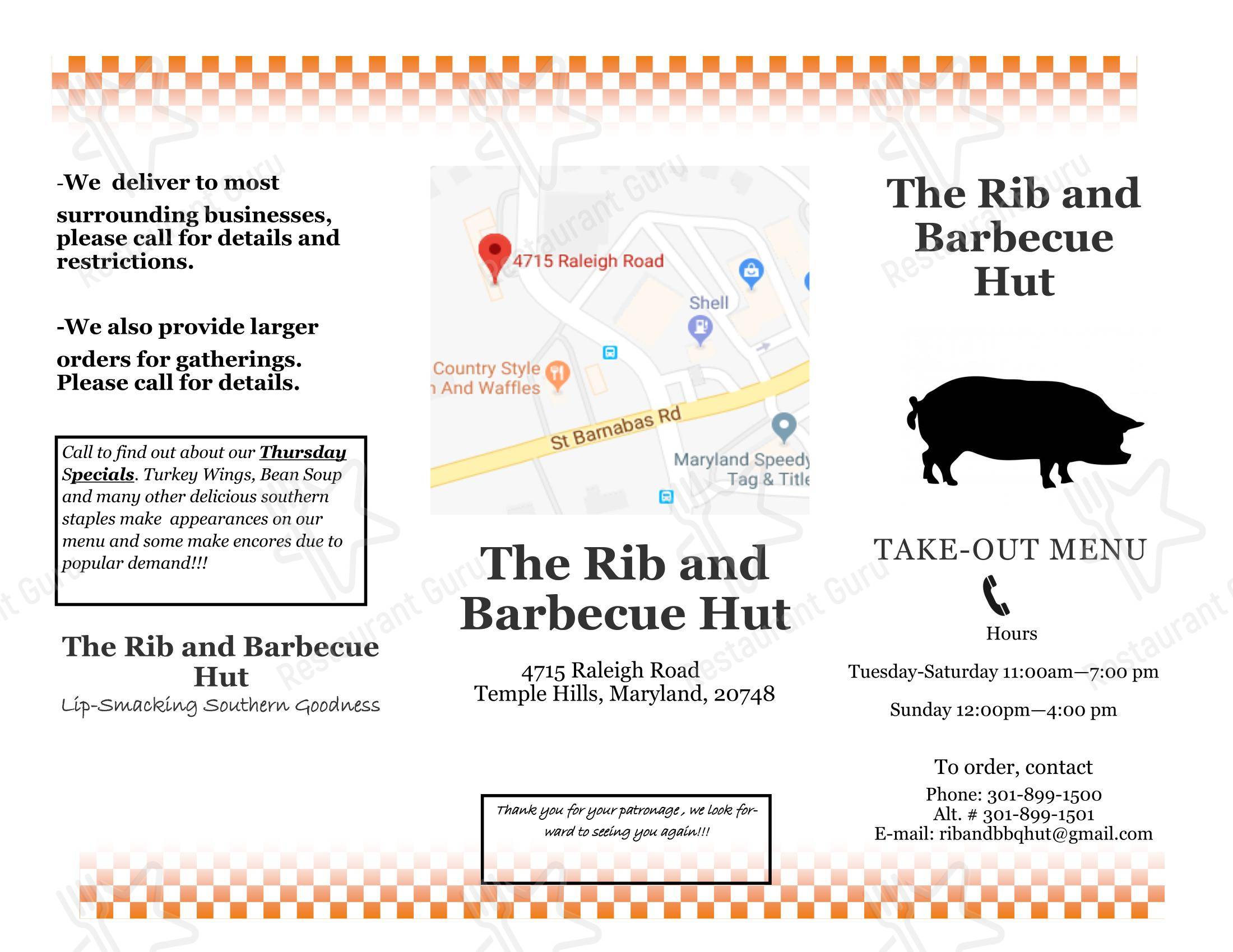 Carta de The Rib and Barbecue Hut, Temple Hills