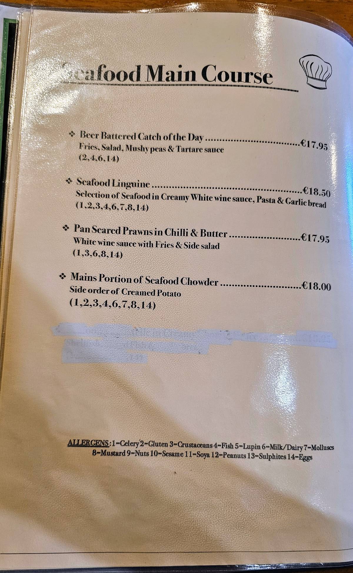 Menu at The Rising Sun restaurant, Mullinavat, Main Street