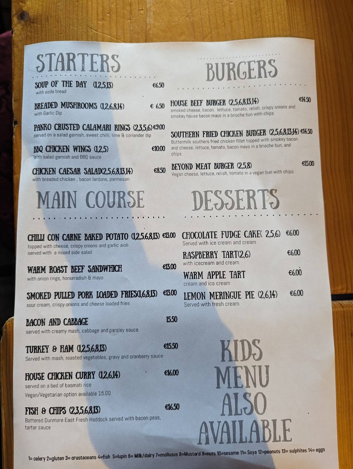 Menu at The Rising Sun restaurant, Mullinavat, Main Street