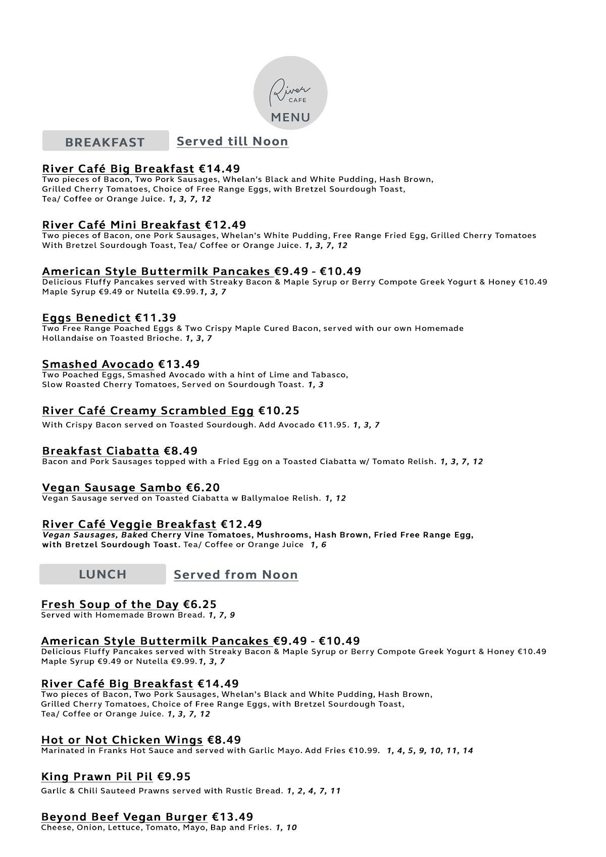 Menu at The River Cafe, Dublin, Raheny Shopping Centre