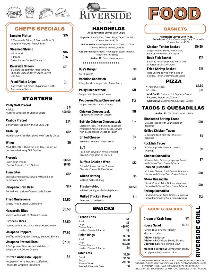 Menu at The Riverside Grill pub & bar, Long Neck, River Rd