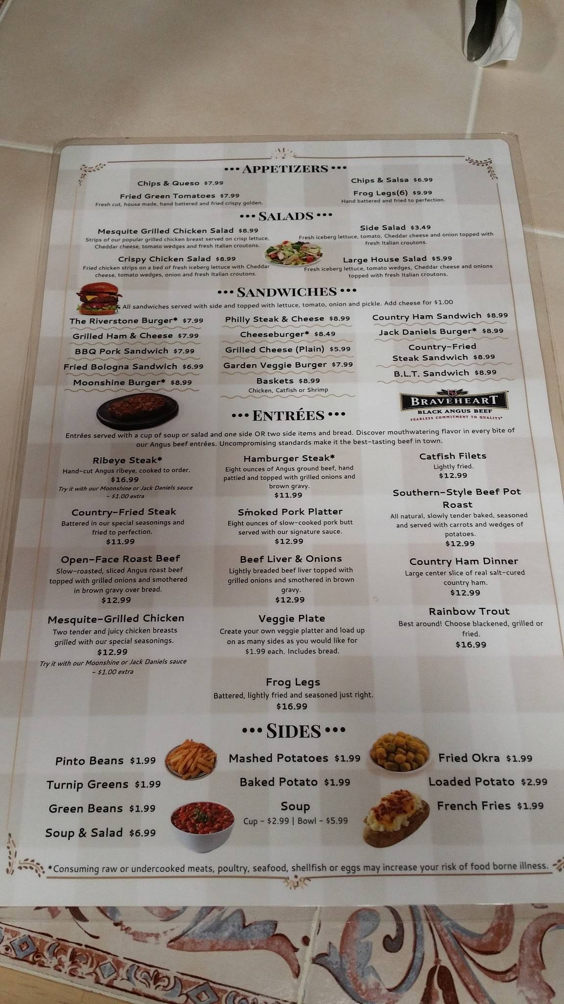 Menu at The Riverstone Restaurant, Townsend