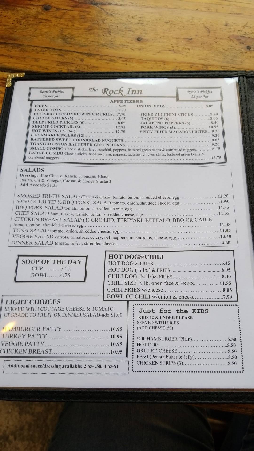 Menu at The Rock Inn restaurant, Lake Hughes