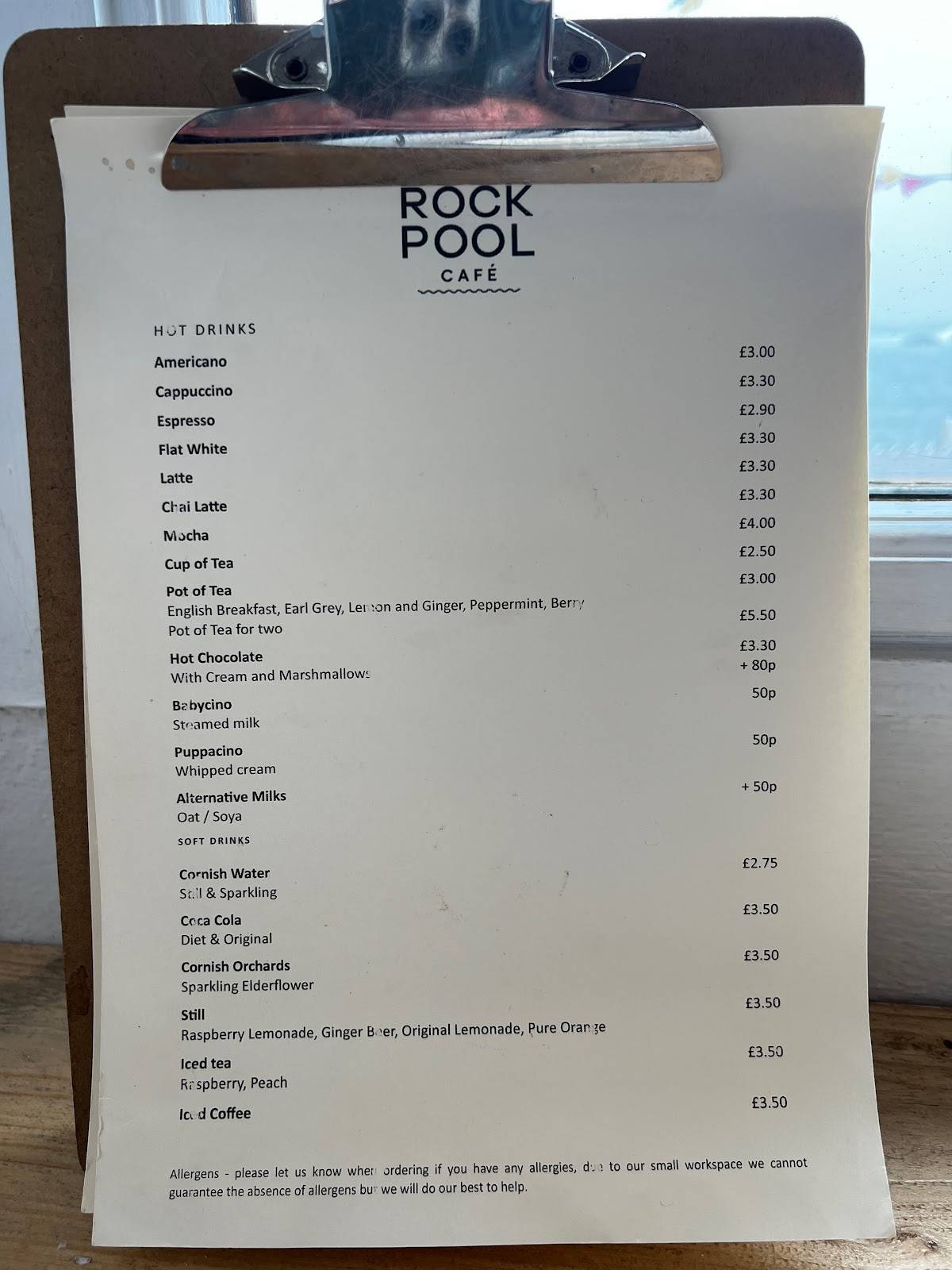 Menu at The Rock Pool Cafe, Penzance