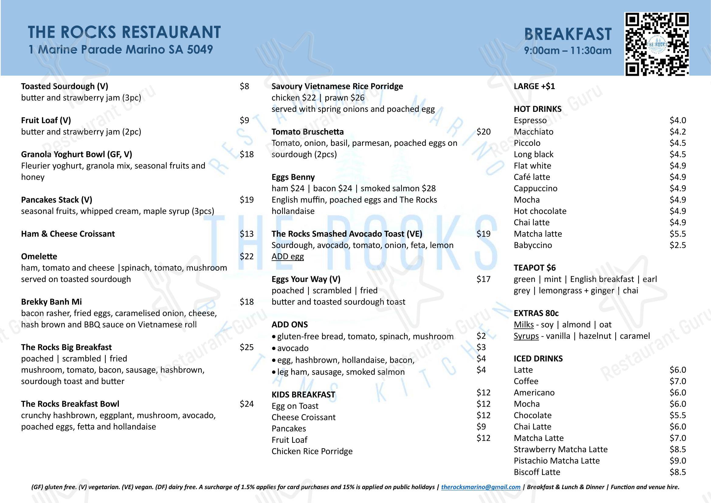 Menu at The Rocks Marino Restaurant, Marino