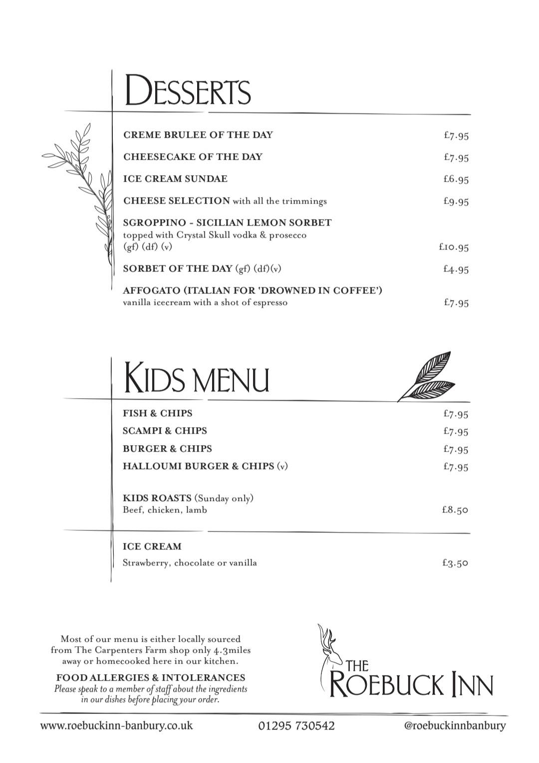 Menu at The Roebuck Inn, Drayton restaurant, Banbury