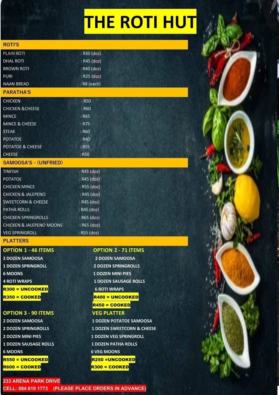 Menu au The Roti Hut, Queensburgh