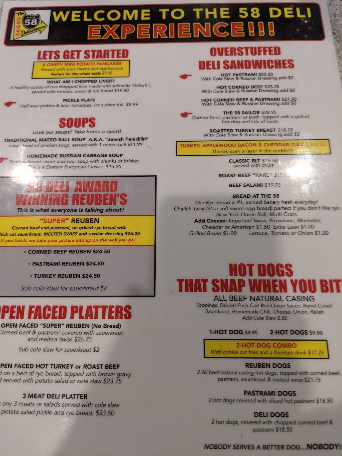 Menu at The Route 58 Deli restaurant, Virginia Beach