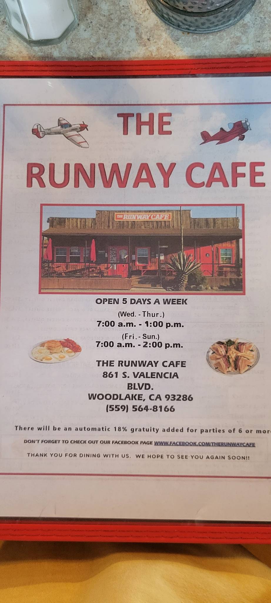 Menu at The Runway Cafe, Woodlake