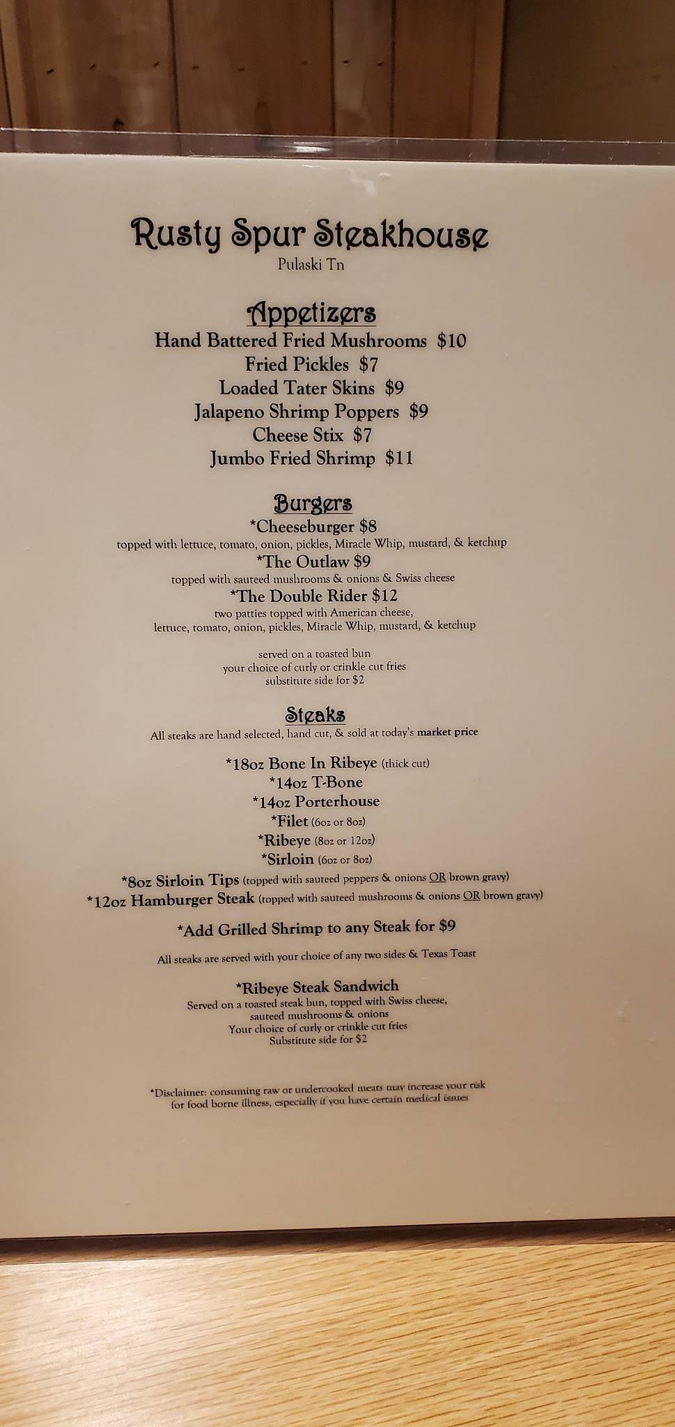 Menu at The Rusty Spur Diner steakhouse, Pulaski
