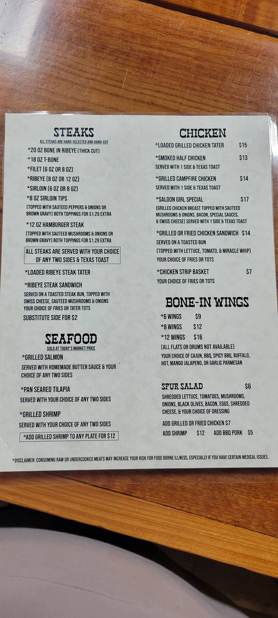 Menu at The Rusty Spur Steakhouse, Pulaski