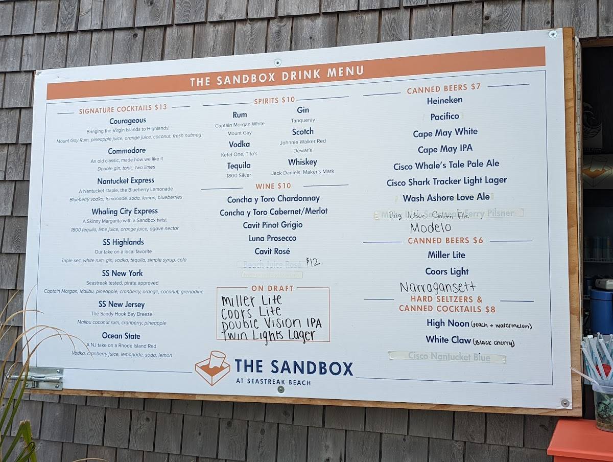 Menu at The Sandbox at Seastreak Beach pub & bar, Highlands