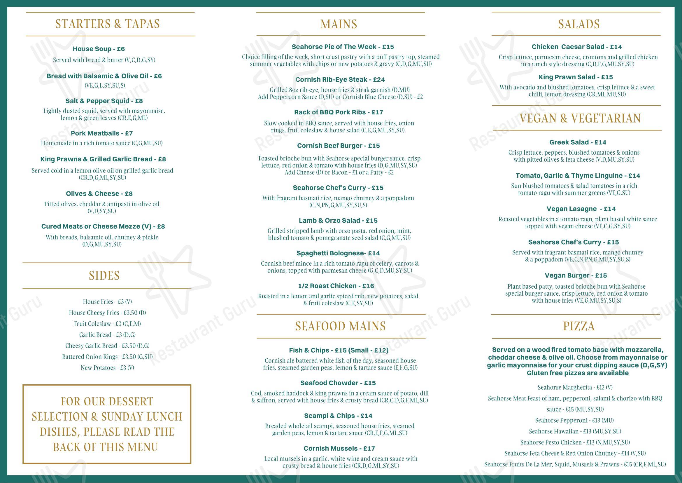 Carta del restaurante The Seahorse, Pentewan