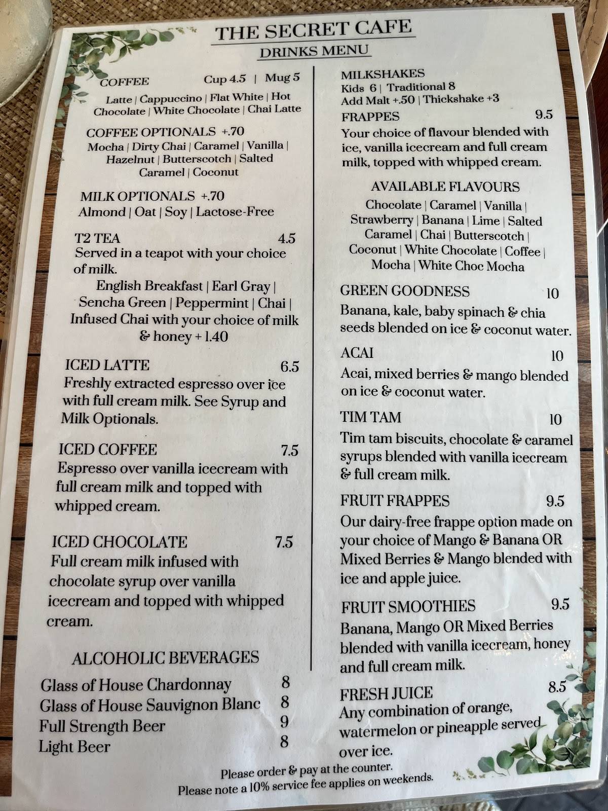 Menu at The Secret Café cafe, Charmhaven
