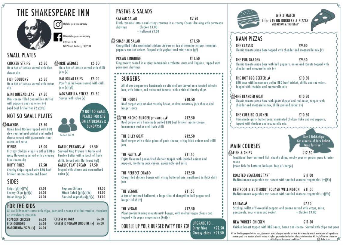 Menu at The Shakespeare Inn pub & bar, Royal Leamington Spa, Mill St