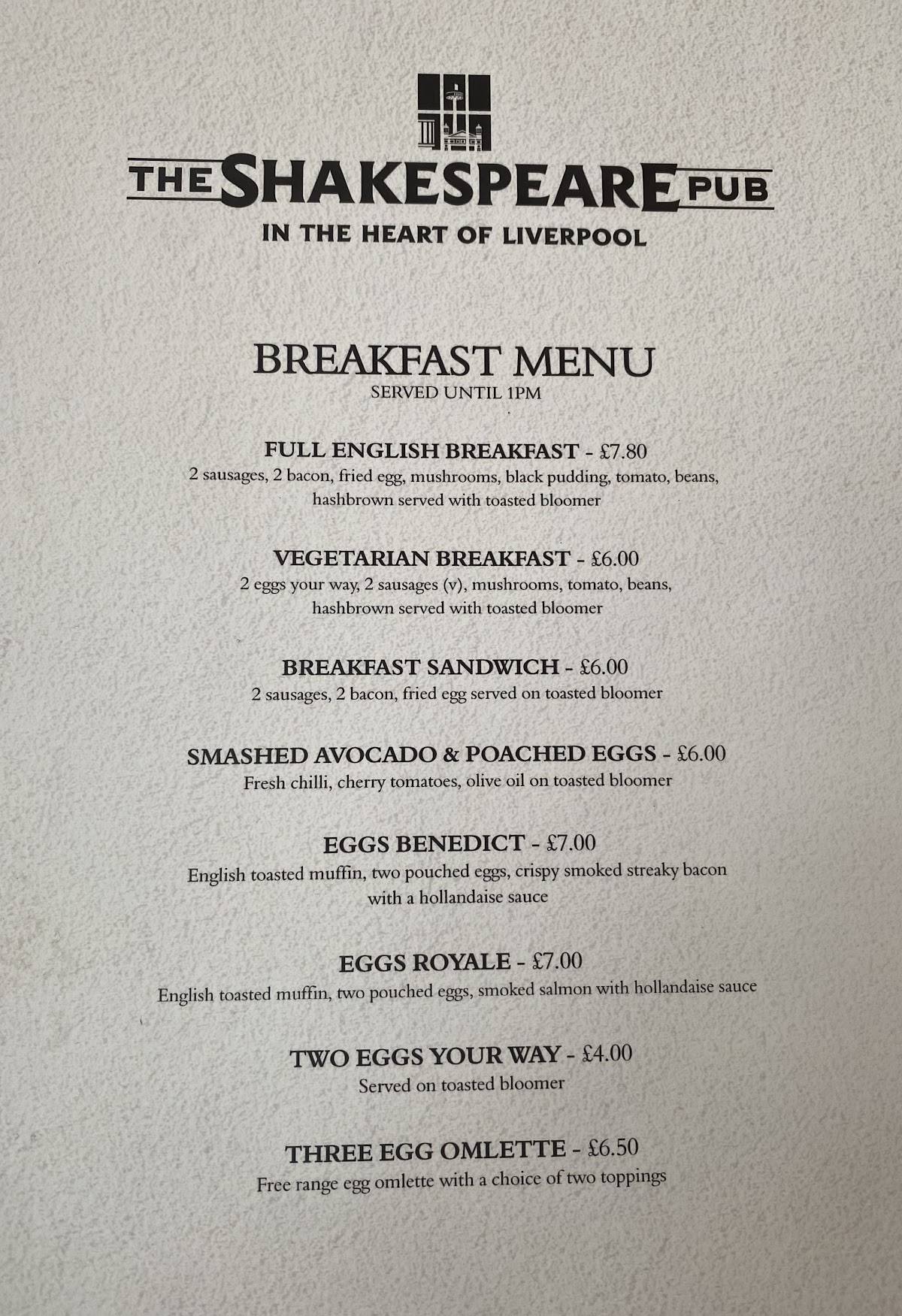 Menu at The Shakespeare pub & bar, Liverpool