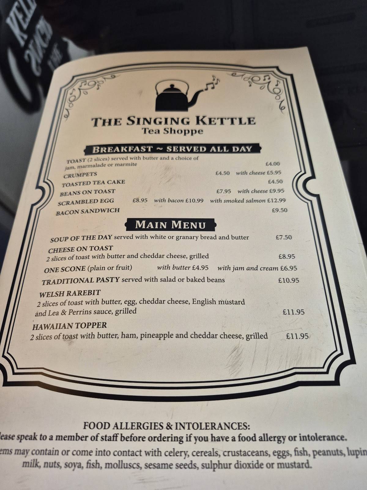 Menu at The Singing Kettle cafe, Dartmouth