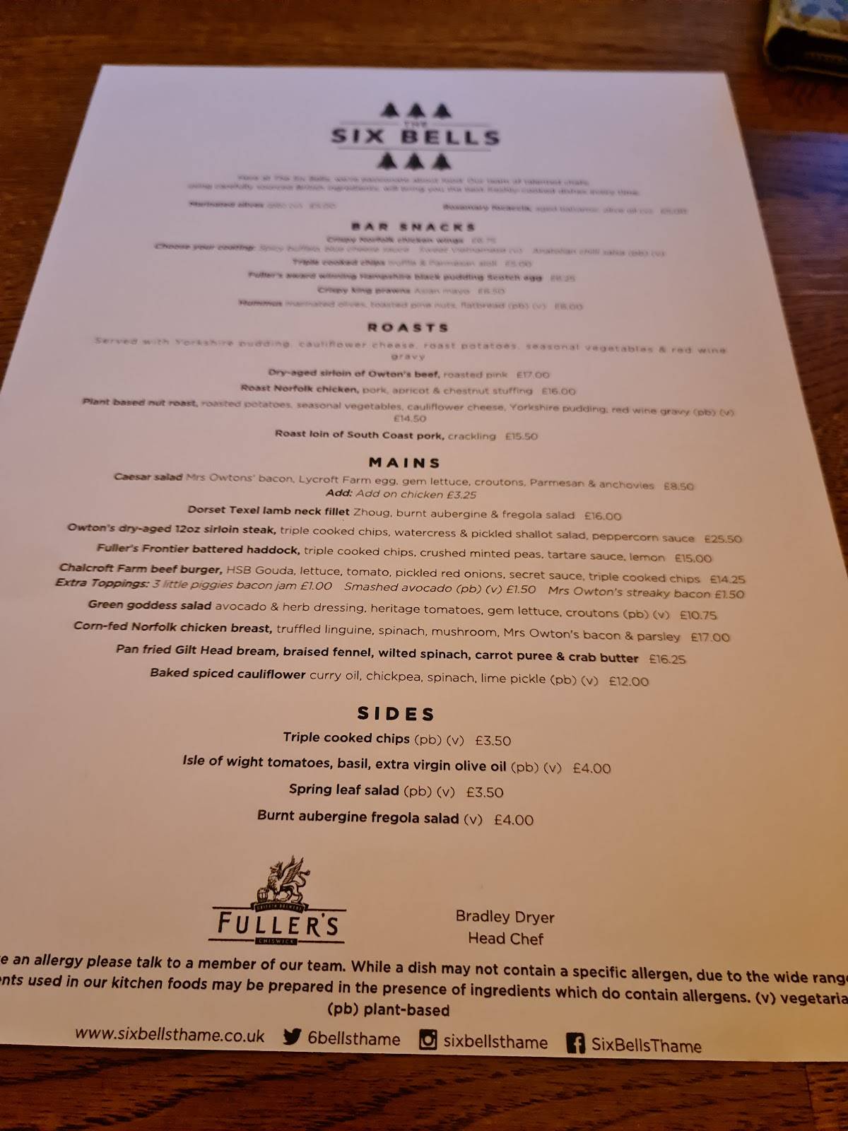 Menu at The Six Bells, Thame pub & bar, Thame