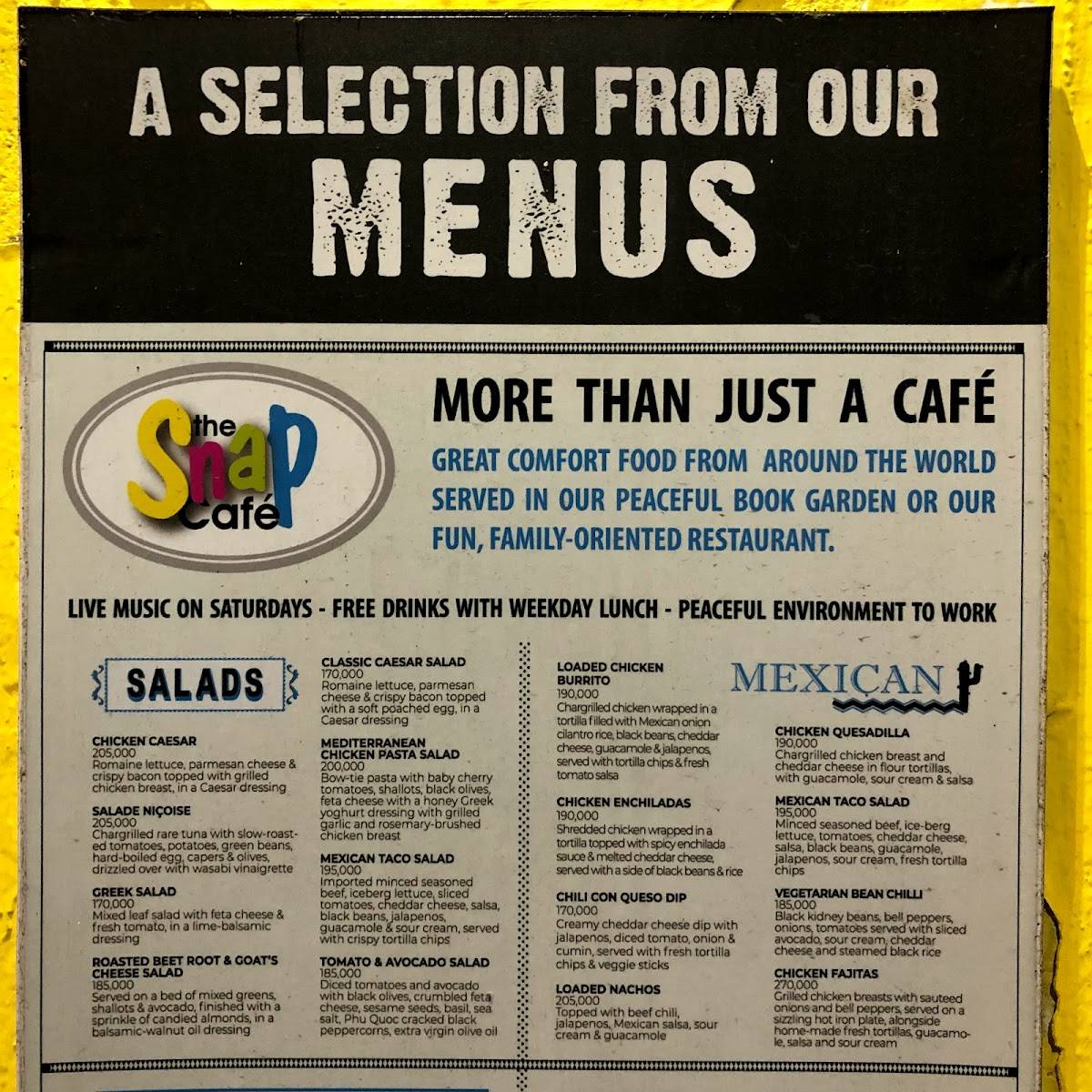 Menu at The Snap Cafe, Ho Chi Minh City