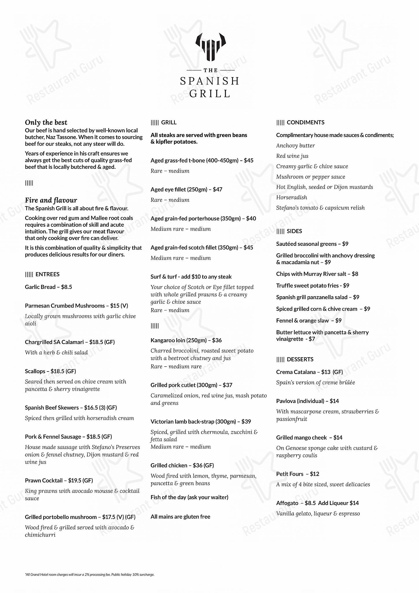 Menu at The Spanish Grill restaurant, Mildura