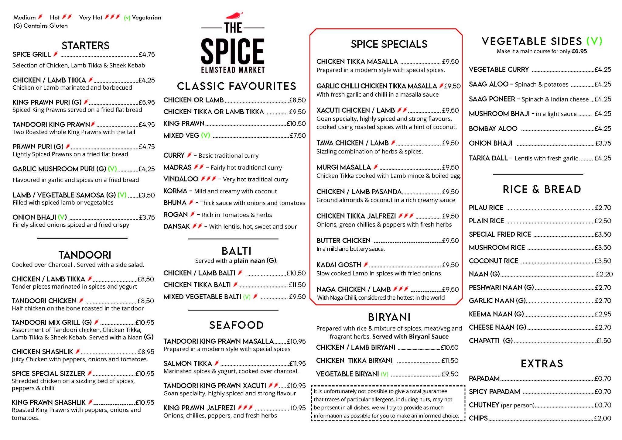 Menu at The Spice restaurant, Colchester