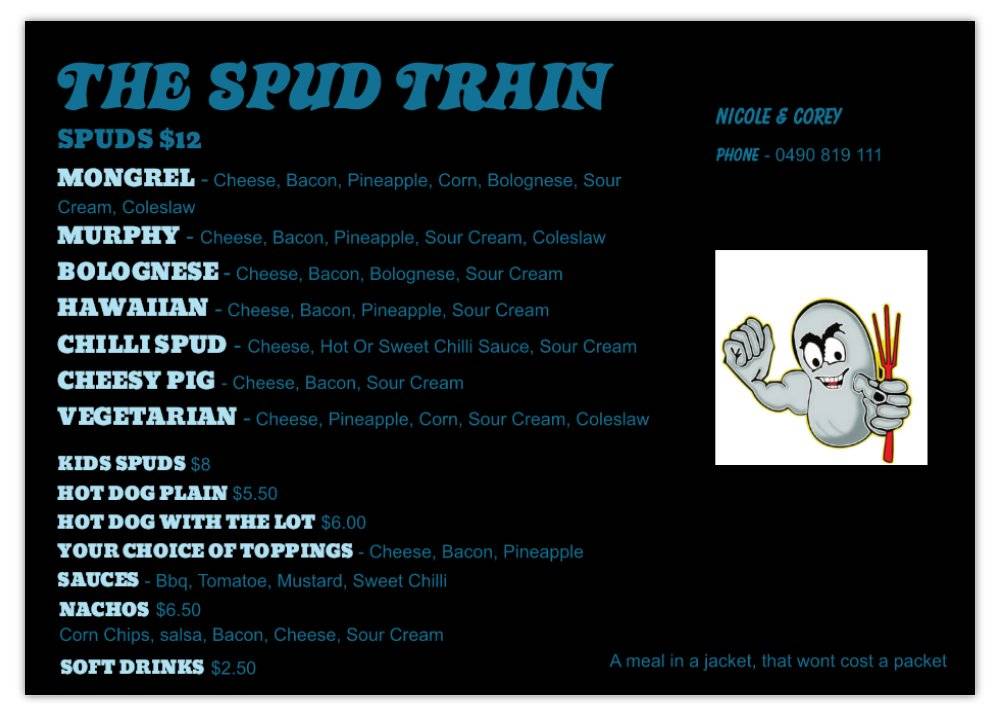 Menu at The Spud Train fast food, Mount Gambier
