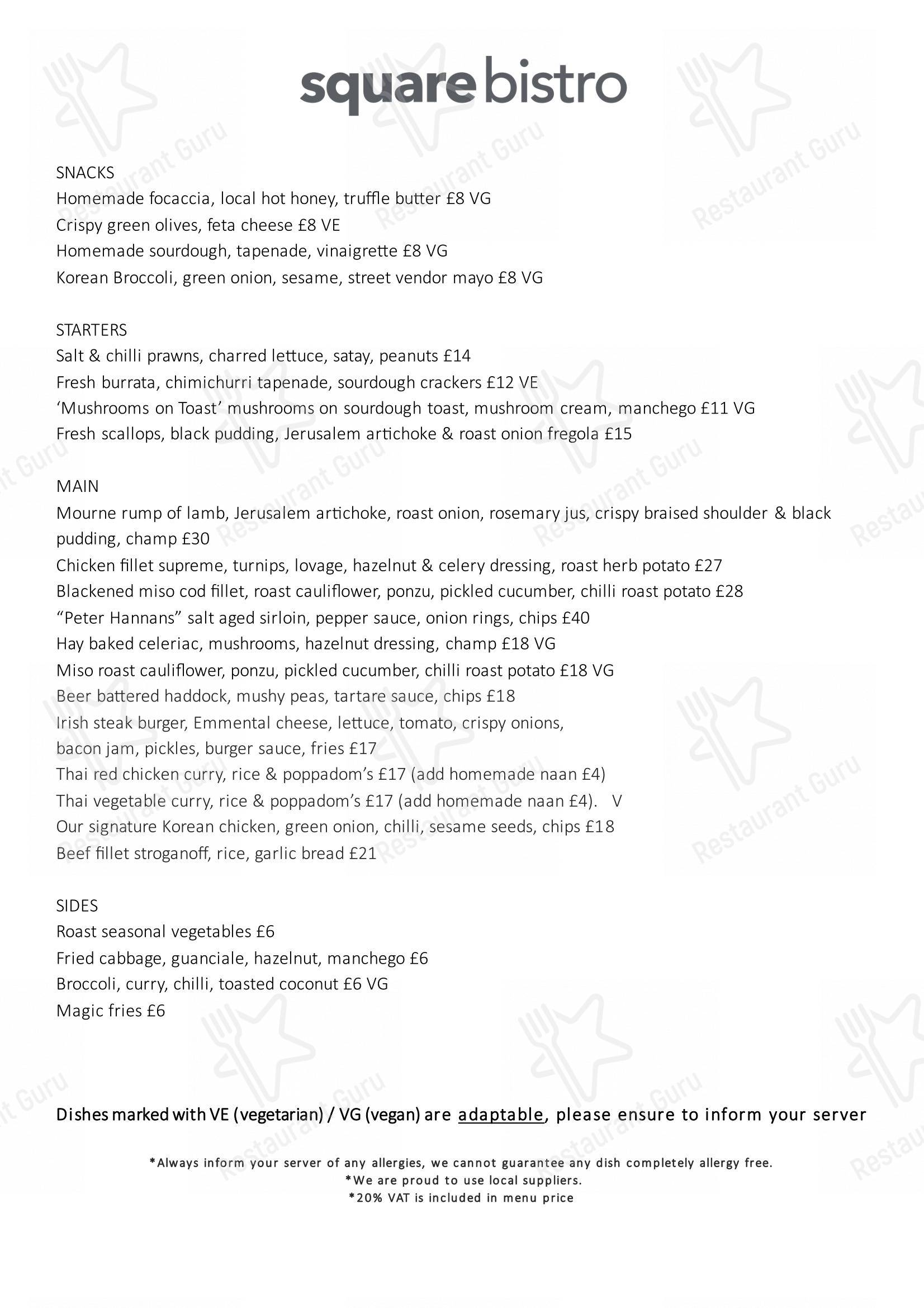 Menu at The Square Bistro restaurant, Lisburn