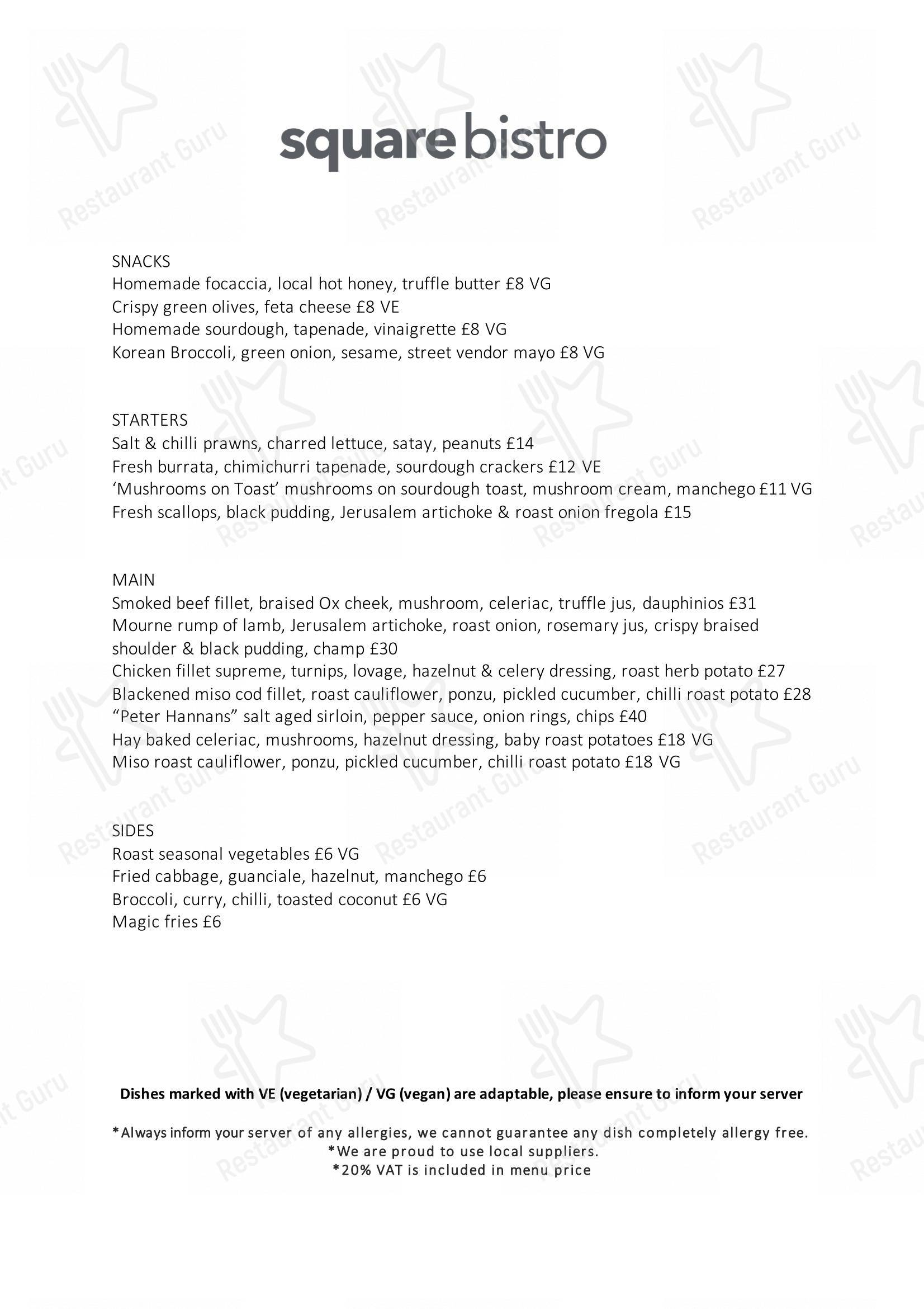 Menu at The Square Bistro restaurant, Lisburn