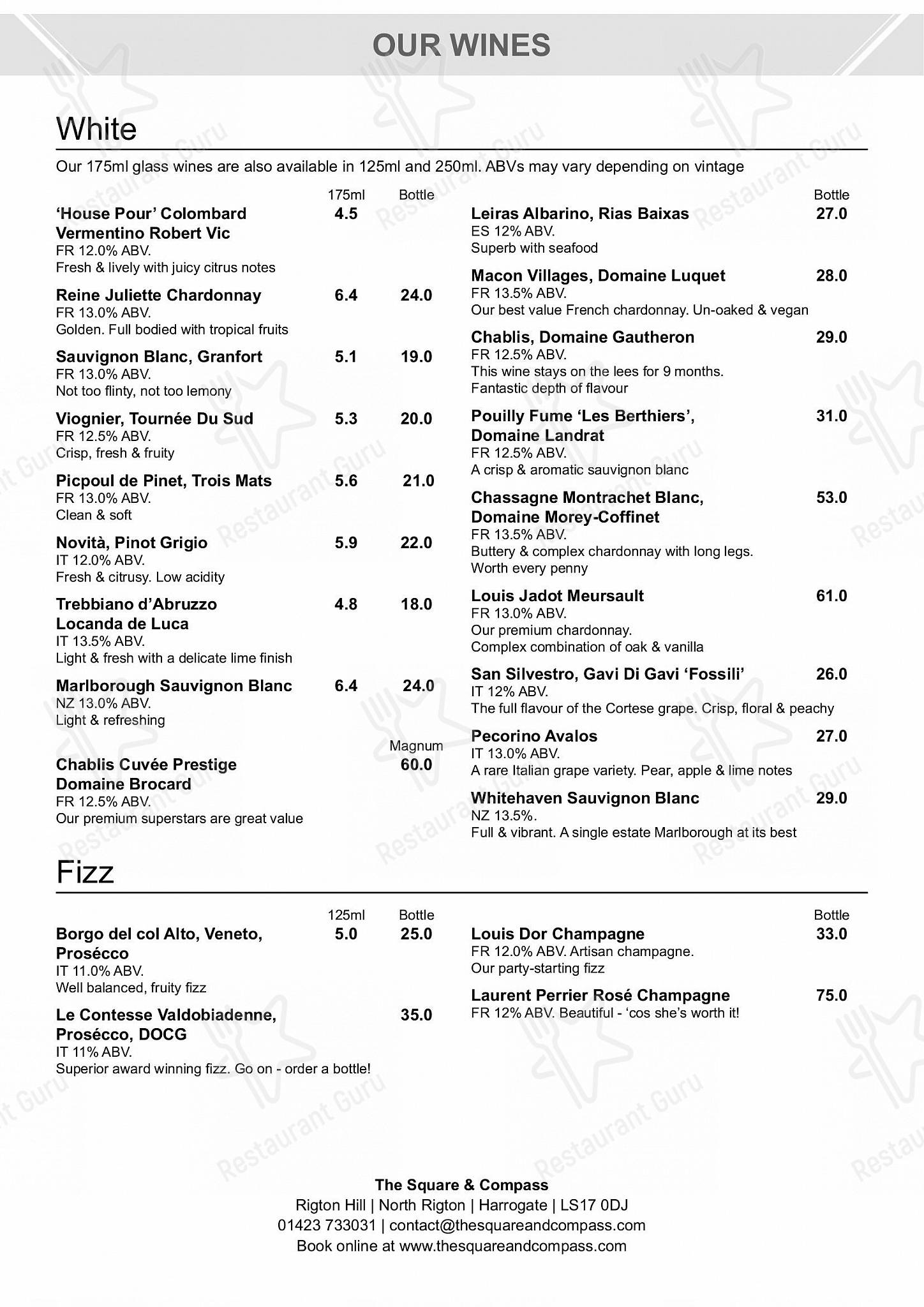 Menu at The Square & Compass pub & bar, North Rigton
