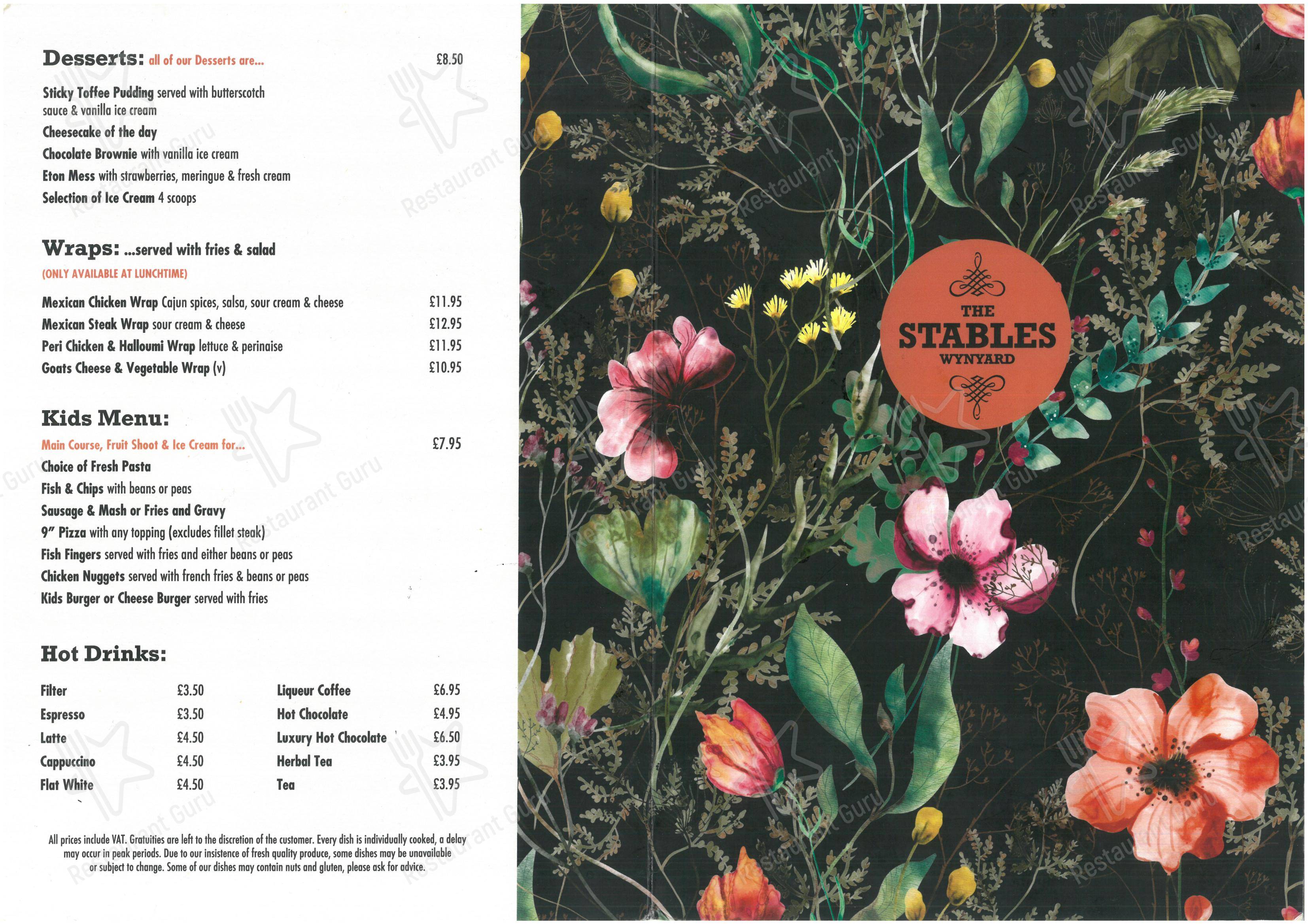 Menu at The Stables restaurant, Billingham