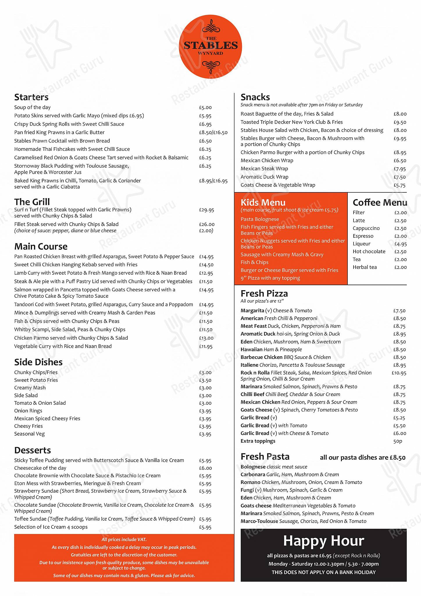 Menu at The Stables restaurant, Billingham