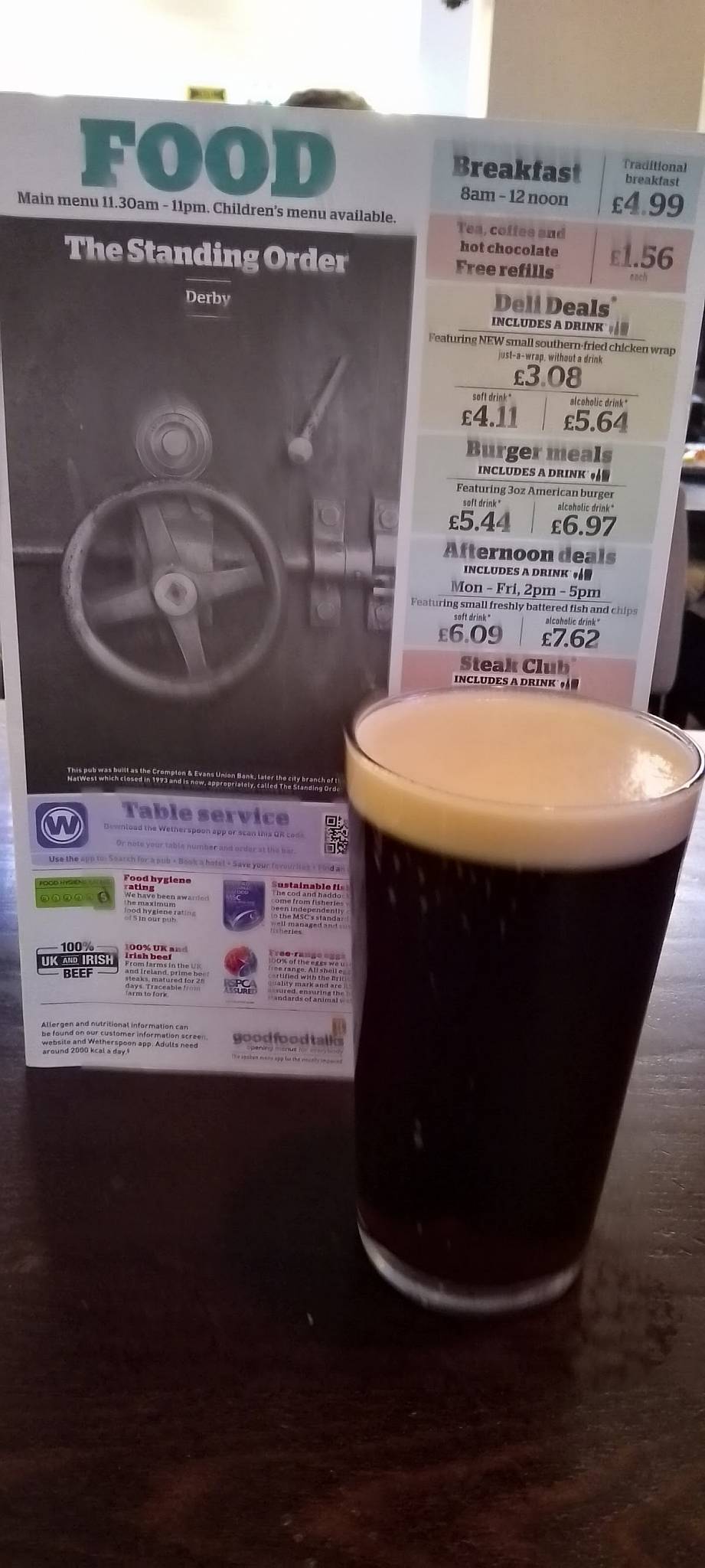 Menu at The Standing Order - JD Wetherspoon pub & bar, Derby