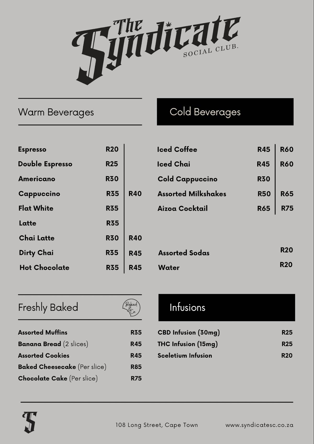 Menu at The Syndicate Social Club, Cape Town