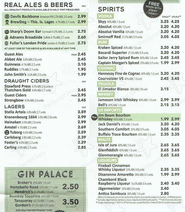Menu at The Tailor's Chalk - JD Wetherspoon pub & bar, Sidcup