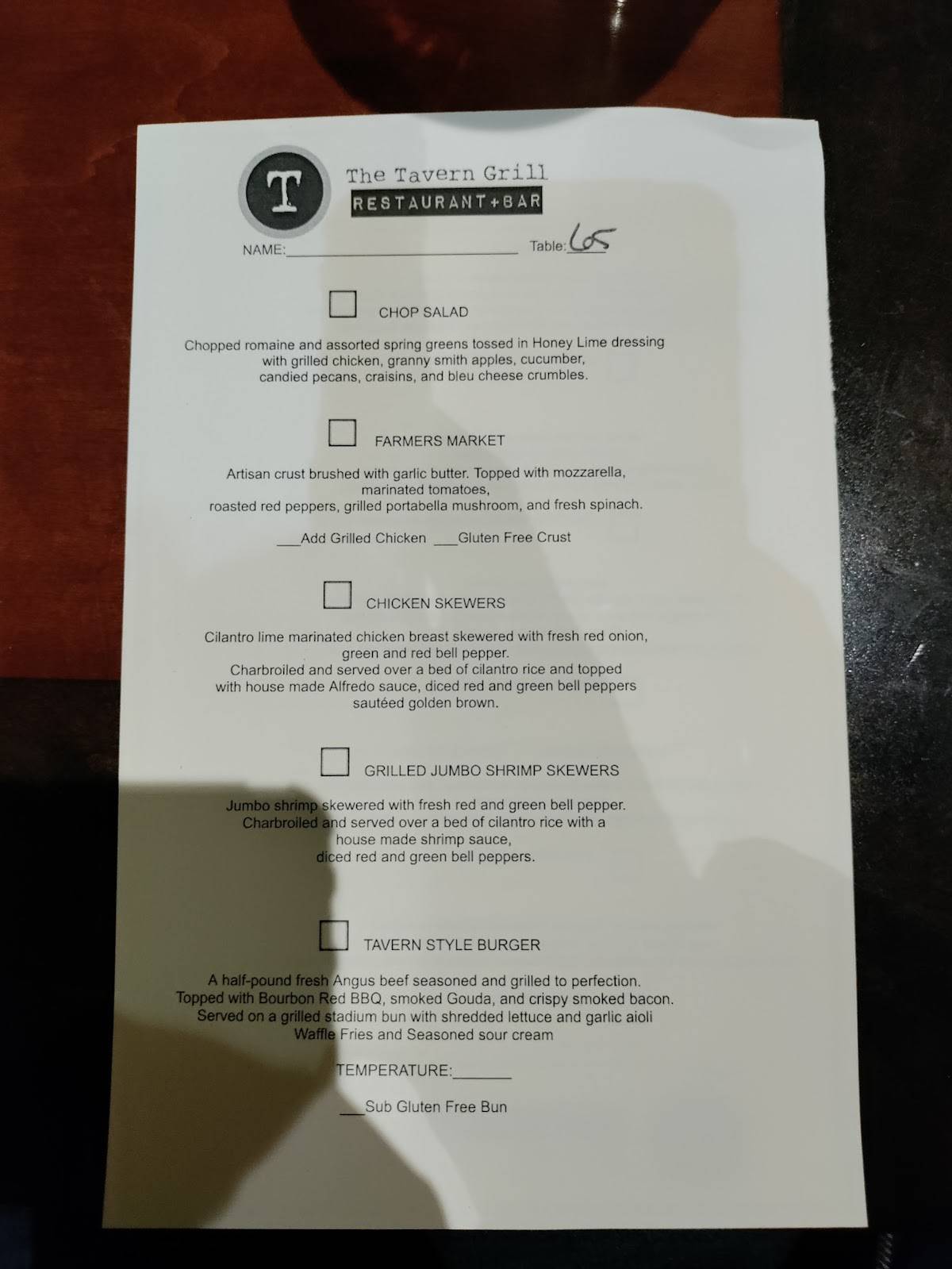 Menu at The Tavern Grill restaurant, Blaine