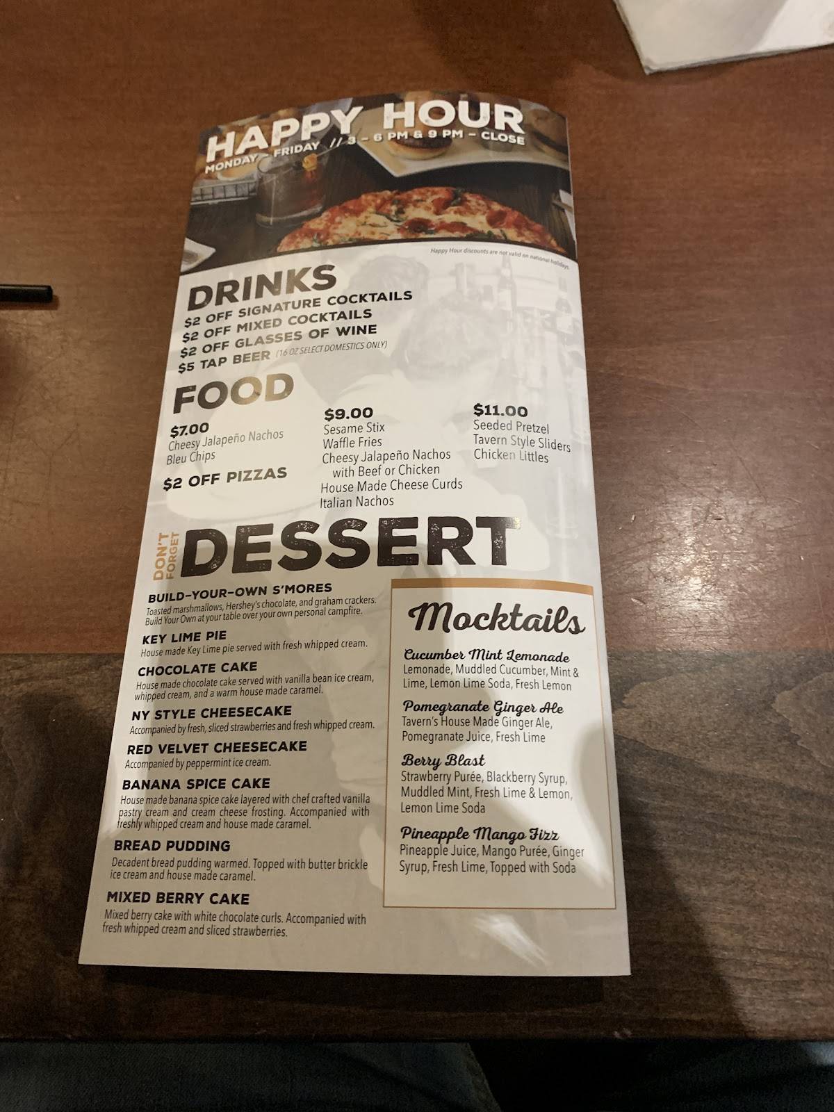 Menu at The Tavern Grill restaurant, Blaine