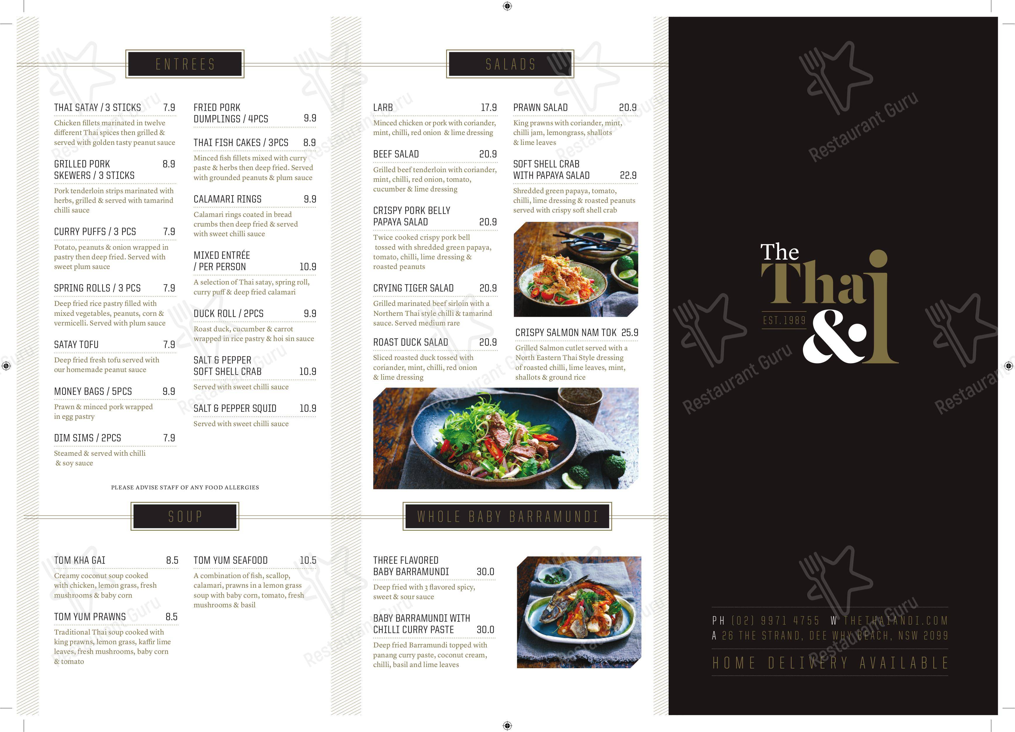 Menu at The Thai And I Dee Why restaurant, Dee Why