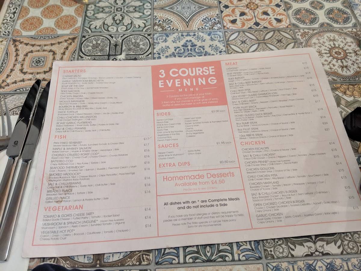 Menu at The Tides Restaurant, Portrush